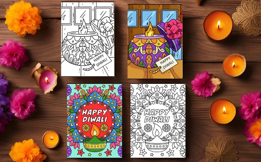 Celebrate Diwali with 6 Free Printable Diwali Cards to Color