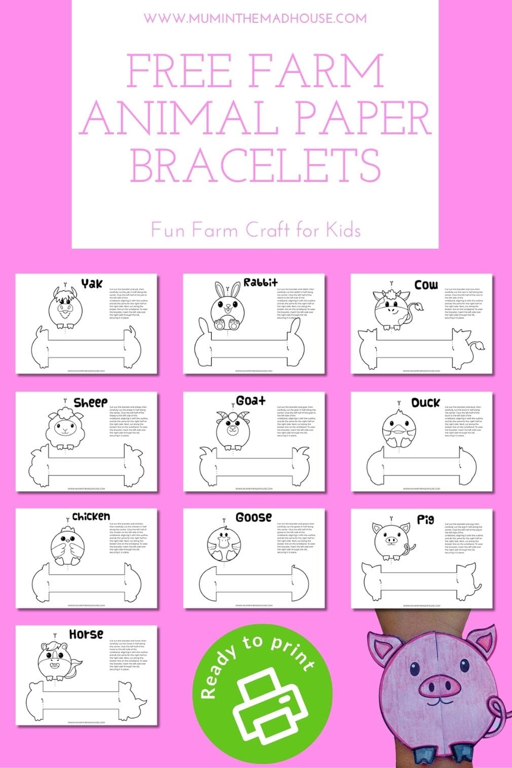 Free Farm Animal Paper Bracelets | Printable Farm Crafts for Kids