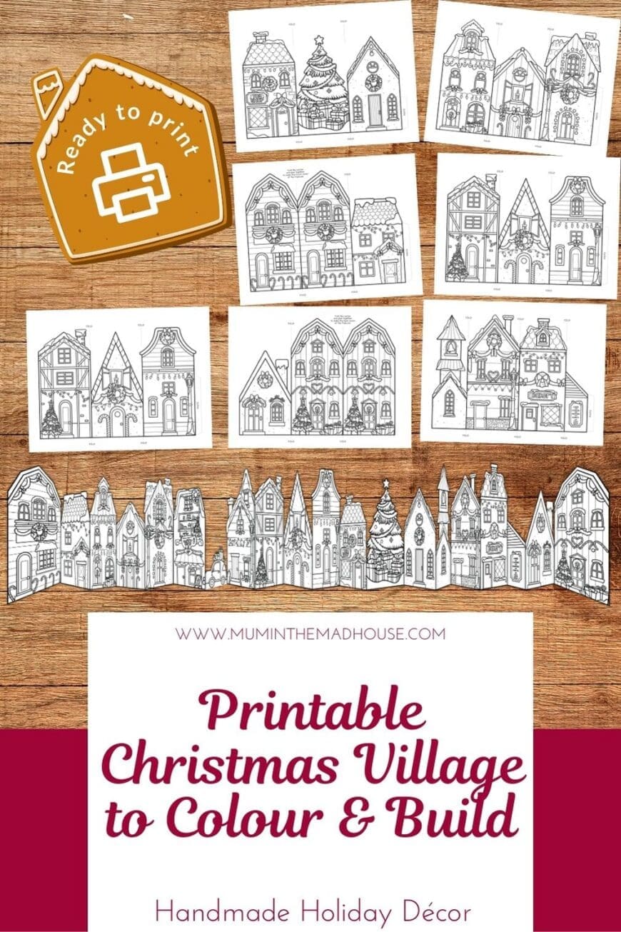 DIY Cardboard Christmas Village + Free Printable Houses