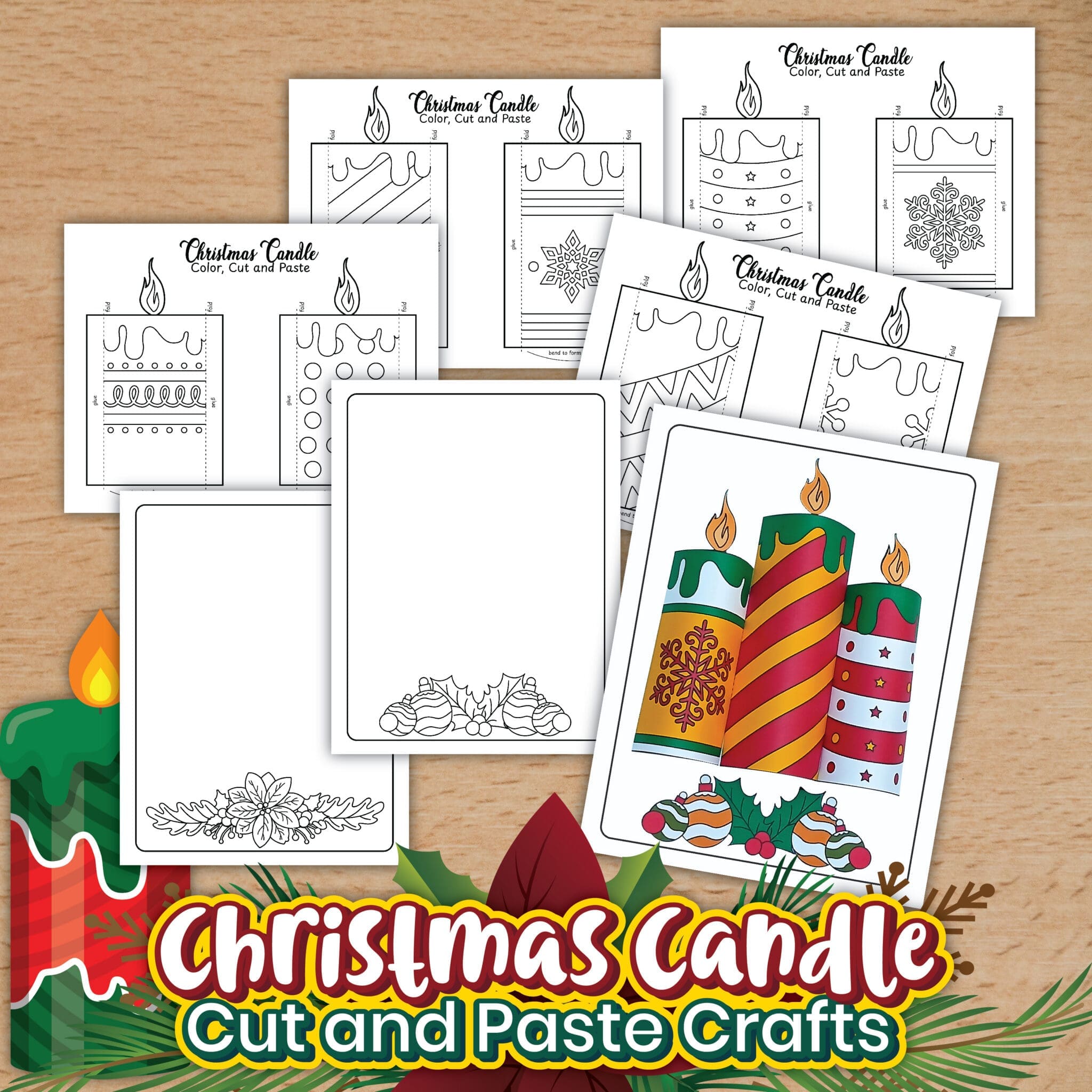 Free Christmas Candle 3D Colouring Pages | Kids’ Cut & Paste Craft