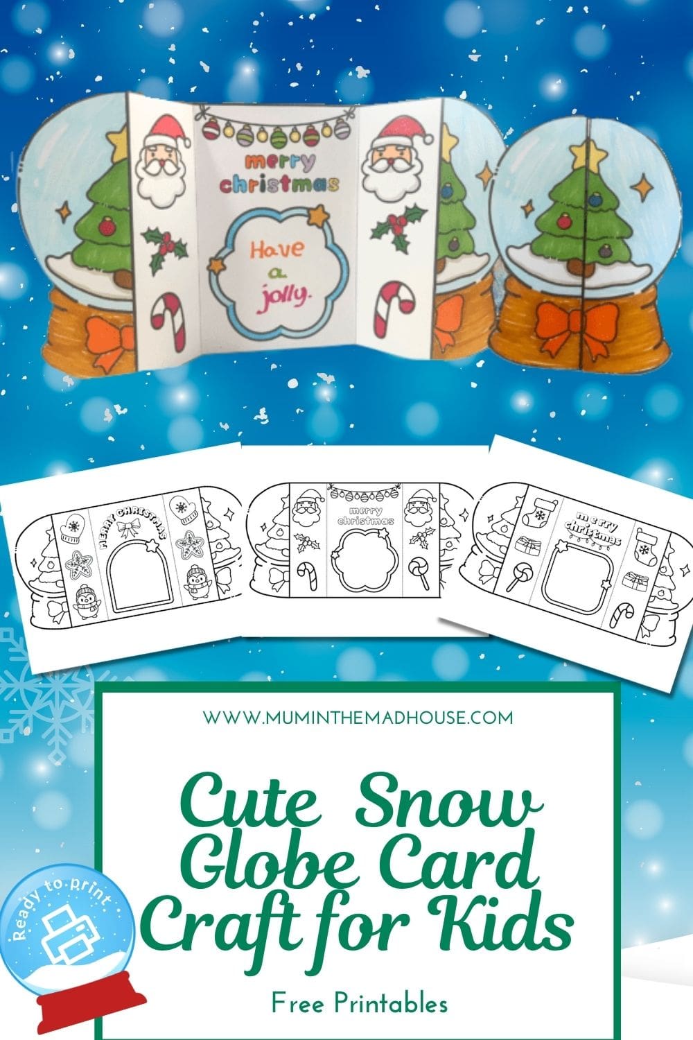 Free Snow Globe Folding Christmas Cards to Colour