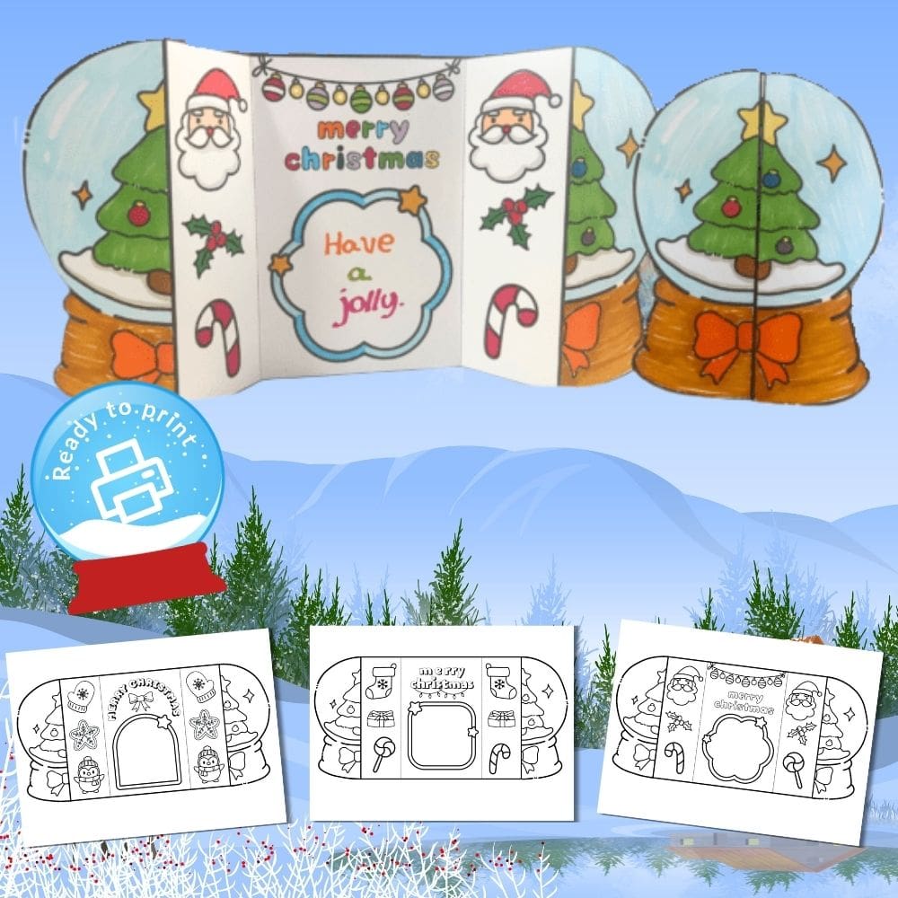Free Snow Globe Folding Christmas Cards to Colour