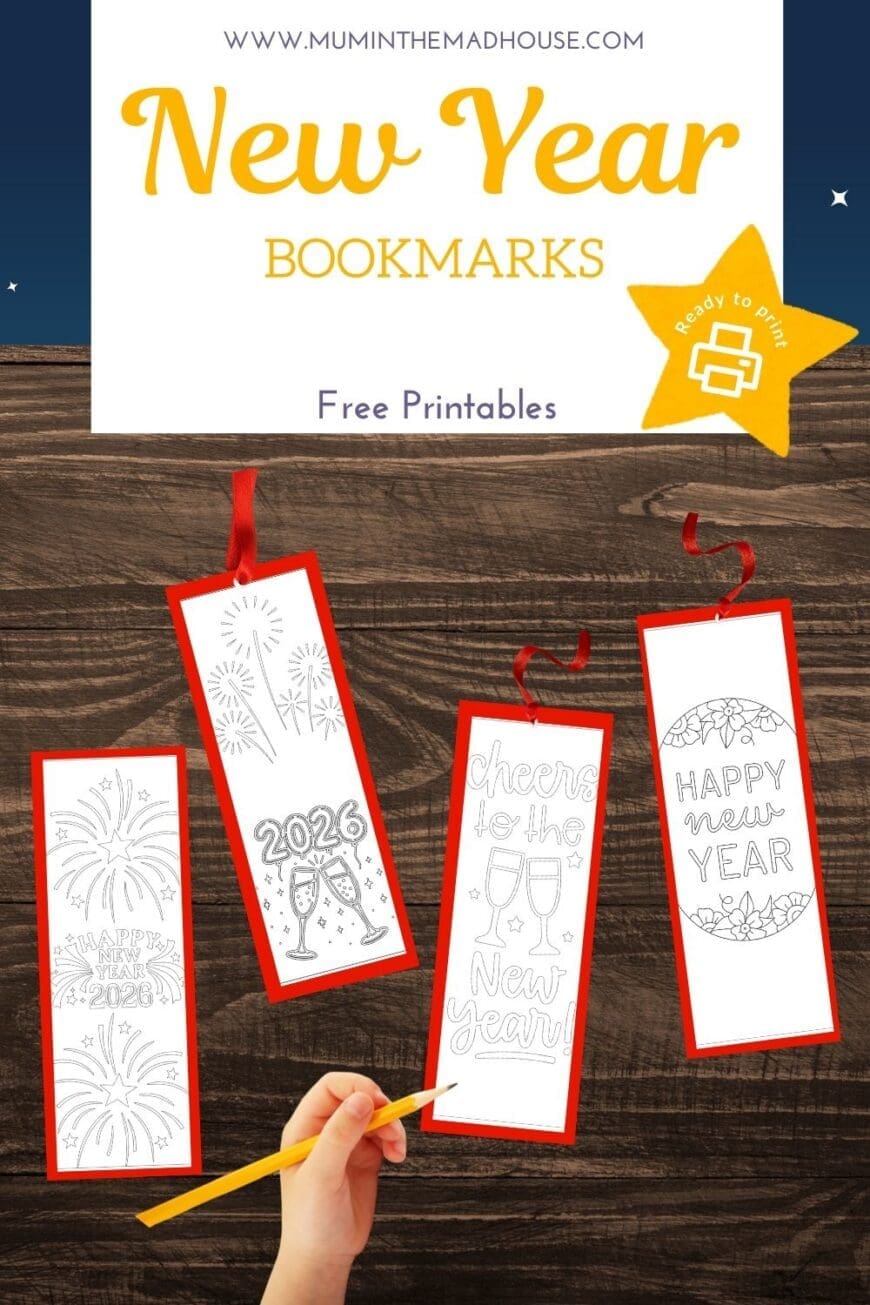 4 Free 2026 New Year Bookmarks to Colour