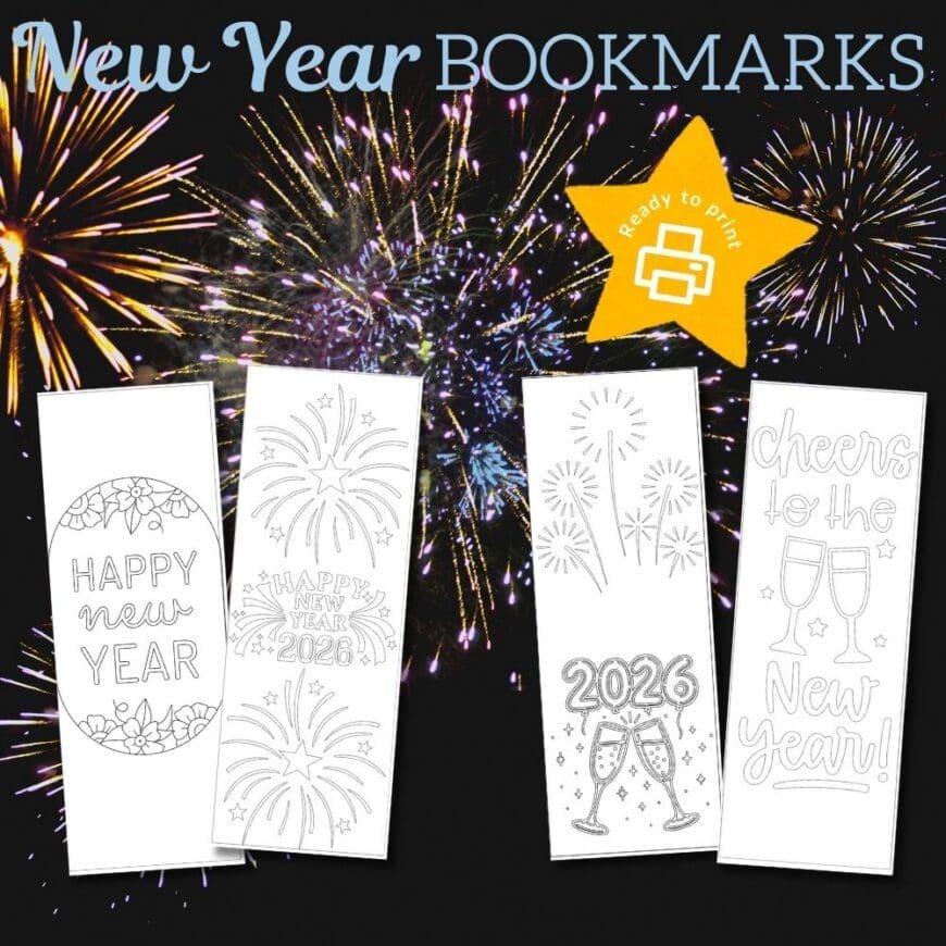 4 Free 2026 New Year Bookmarks to Colour